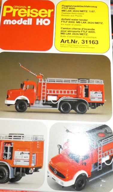 PREISER 31163 H0 Bausatz Flugplatz Tanklöschfahrzeug Mercedes Benz Neu ...
