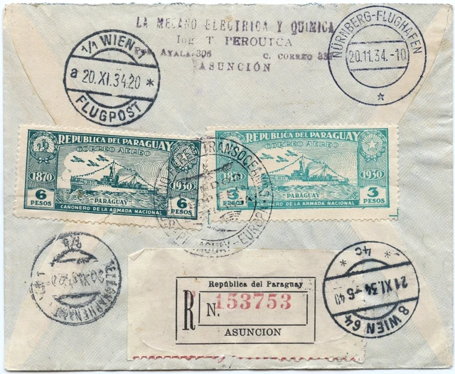 KATAPULT 1934 PARAGUAY Asuncion Österreich Reko-Brief H 335 c Catapult ...