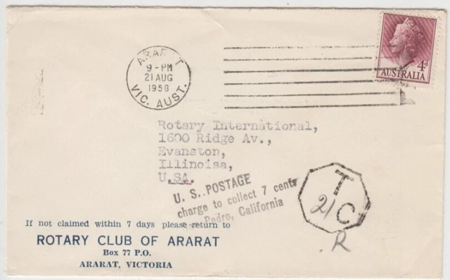 STAMPS 1958 AUSTRALIA on Rotary International Ararat Victoria cover USA ...