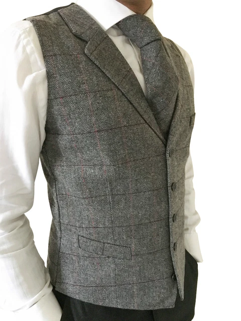 MENS WOOL BLEND Tweed Tailored Fit Grey Herringbone Check Waistcoat ...