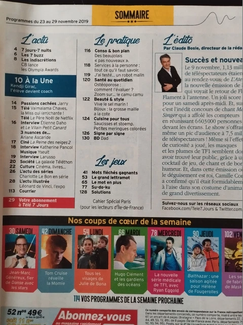 TÉLÉ 7 JOURS 23/11/2019; Kendji Girac interview/ Etienne Daho/ Vaimalama Chaves EUR 4,00 ...