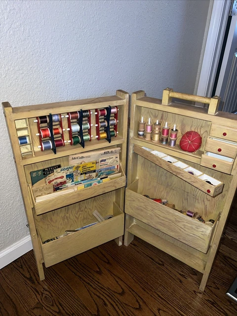 VINTAGE LARGE PORTABLE Wood Folding Sewing Spool Thread Cabinet ...