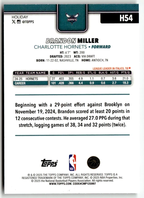 TOPPS NBA FLAGSHIP Holiday 2025 No. H54 Brandon Miller Brillo Plateado ...