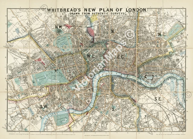 WHITBREAD'S NEW PLAN of London antica mappa guida vittoriana 1858 ...