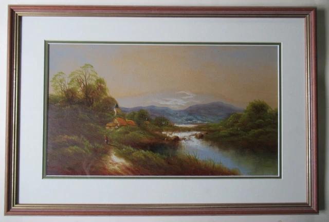 LARGE ANTIQUE VINTAGE Village Church Mountains River Oil Painting ...
