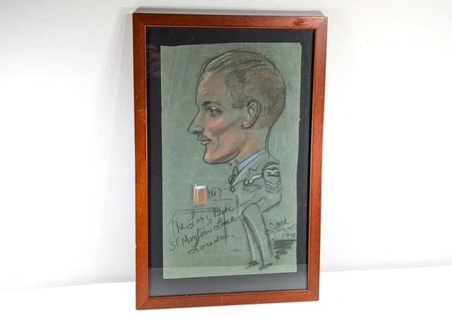 1940S ORIGINAL PASTEL Caricature drawing of an RAF airman in London ...