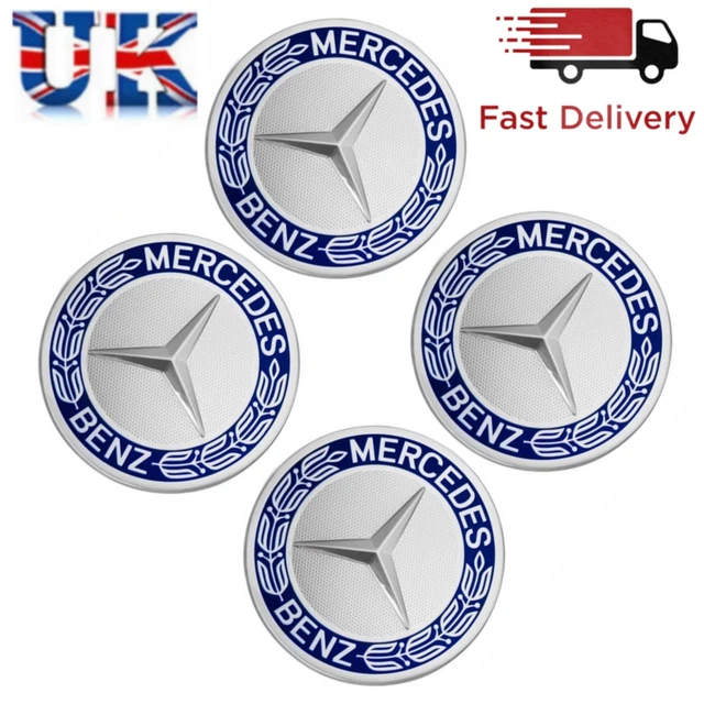4X BLUE MERCEDES Benz Alloy Wheel Centre Caps 75mm Badges Hub Emblem ...