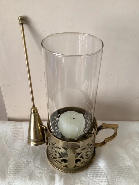 VINTAGE FRETTED BRASS Gallery Candlestick Candle Holder/Snuffer/Glass ...