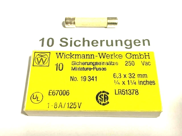 6A, 250VAC, 6,3 x 32mm, Mittelträge Feinsicherung, Wickmann, 19341, 10 ...