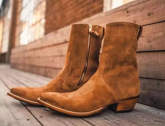 BESPOKE HANDMADE PURE Brown Suede Leather Cowboy Boots Zipper Boots For ...