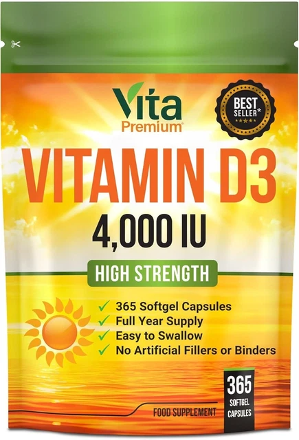 HIGH STRENGTH VITAMIN D3 4,000 IU - 365 Gluten-Free Softgels for ...