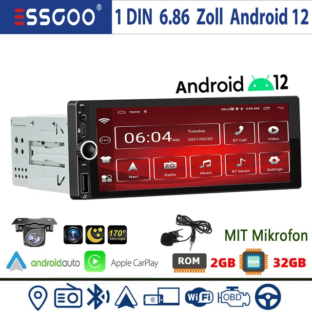 AUTORADIO 1 DIN 2+32G Android 12 Carplay GPS Navi Bluetooth WIFI RDS avec MIK Kam EUR 92,76 ...