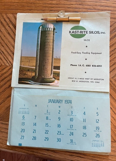 RARE VINTAGE 1974 Kast-Rite Silos Inc Calendar with pencil and receipt ...