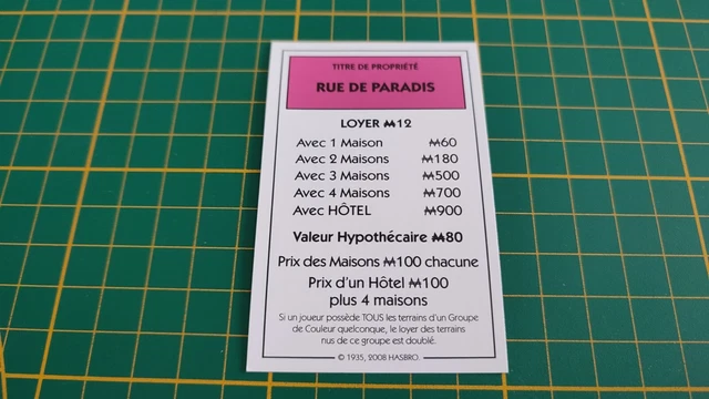 TITRE DE PROPRIÉTÉ Rue de Paradis jeu Monopoly parties rapides Hasbro ...