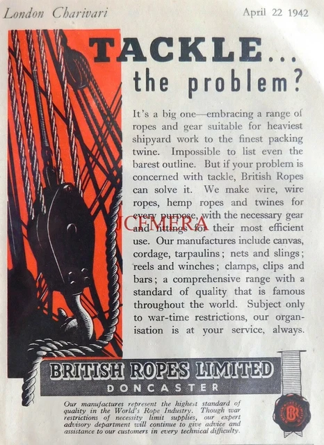 WARTIME BRITISH ROPES Advert (Rigging Block & Tackle) : Small 1942 WW2 ...