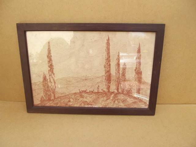 ANCIEN DESSIN LAVIS sanguine signé Robert LEMMONIER montagne chevres ...