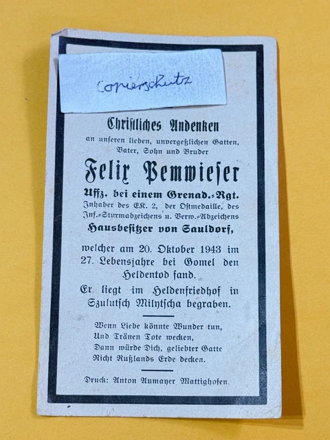 STERBEBILD 2WK.UFFZ B e Gren-Rgt-Inh d EK2 d Ostmedaille d Inf-Sturmabz ...