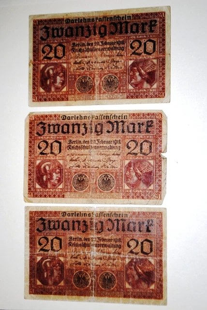 THREE BANKNOTES - 1918 Germany 20 Mark Reichbanknote Paper Money ...