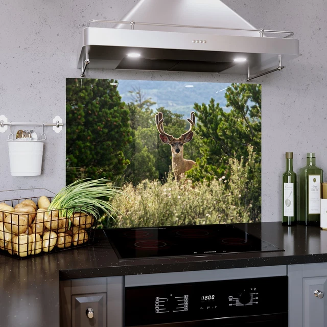 GLASS BACKSPLASH KITCHEN Cooker Panel Tile ANY SIZE Wood Stag Deer ...