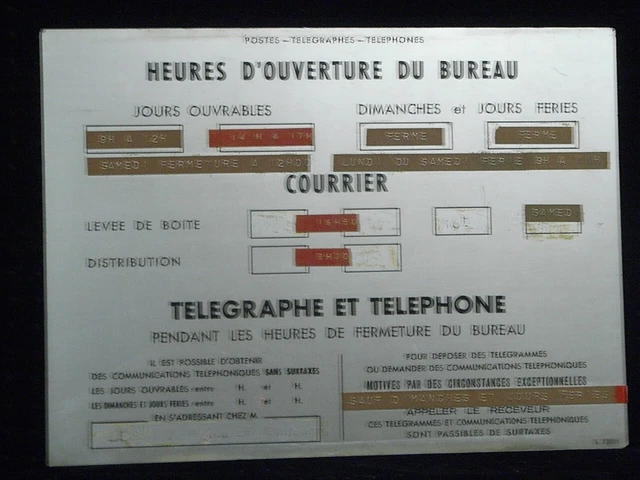 ANCIENNE PLAQUE PUBLICITAIRE Horaire Ouverture Bureau Telegraphe ...