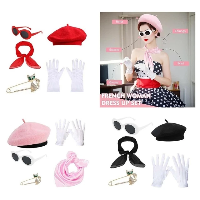 1980S FRENCH WOMEN Beret Hat Costume Accessories Oval Sunglasses Scarf ...