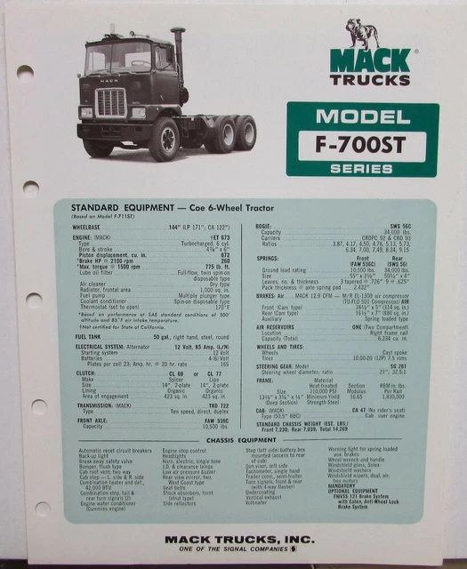1976 MACK TRUCKS Model F 700ST Diagrams Dimensions Sales Brochure ...