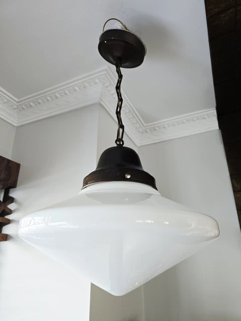 VINTAGE ANTIQUE ART Deco Milk Glass Schoolhouse Light Fixture Flying ...