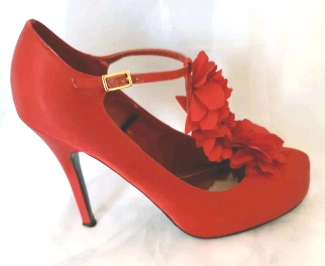 JASPER CONRAN RED Satin Concealed Platform Ladies T Bar High Heels UK 5 ...
