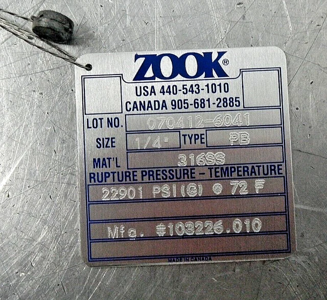 ZOOK PB SERIES Forward Acting Rupture Disc 1/4" 316Ss 22901 Psi@72F $50 ...