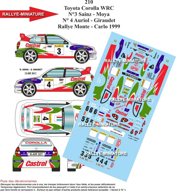 DECALS 1/18 REF 0210 Toyota Corolla WRC Auriol Rally Mounted Carlo 1999 ...