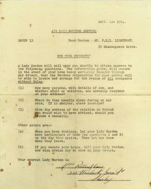 EPHEMERA LETTER AIR Raid Lady Warden House Visit 1941 WW2 Blitz War ...