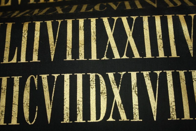 ROMAN NUMERALS IN Gold On Black From Timeless Treasures - 100% Cotton ...