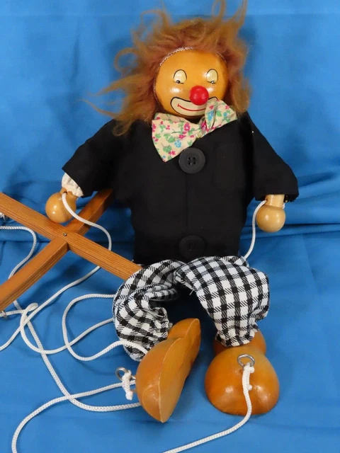 VINTAGE MARIONETTE STRING PUPPET Wood/Wooden Body CLOWN HOBO Mismatched ...