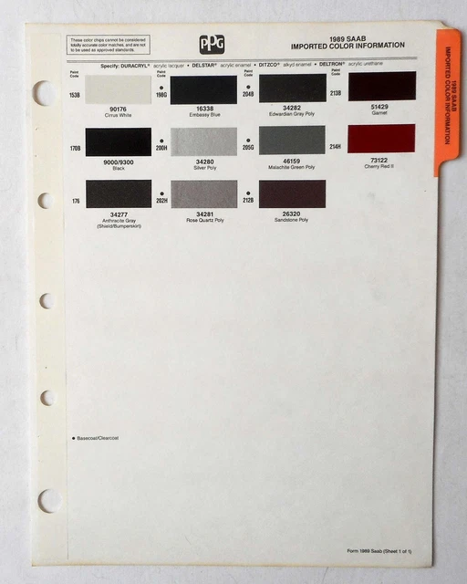 1989 SAAB PPG Color Paint Chip Chart All Models Original $9.99 - PicClick