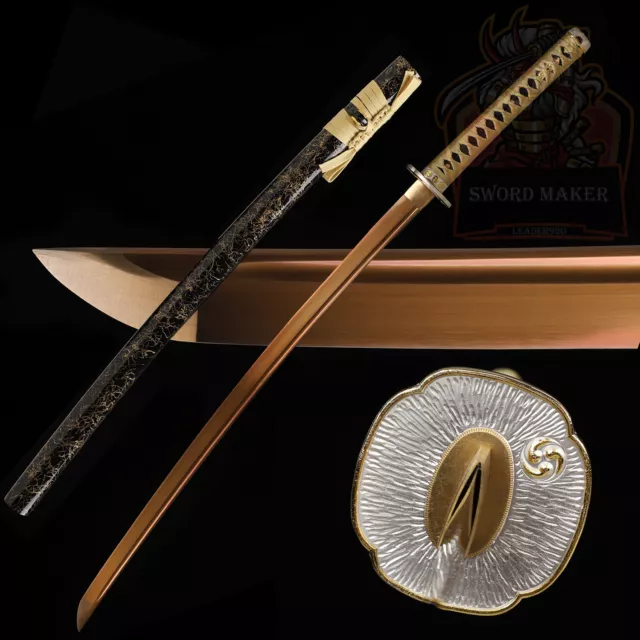 KATANA 1095 HIGH Carbon Steel Gold Blade Japanese Samurai Sword Full ...