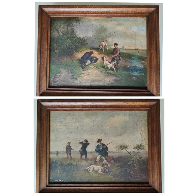 PAIRE DE TABLEAUX Anciens XIX° Scènes De Chasse Signé BAUDRY Huile sur ...