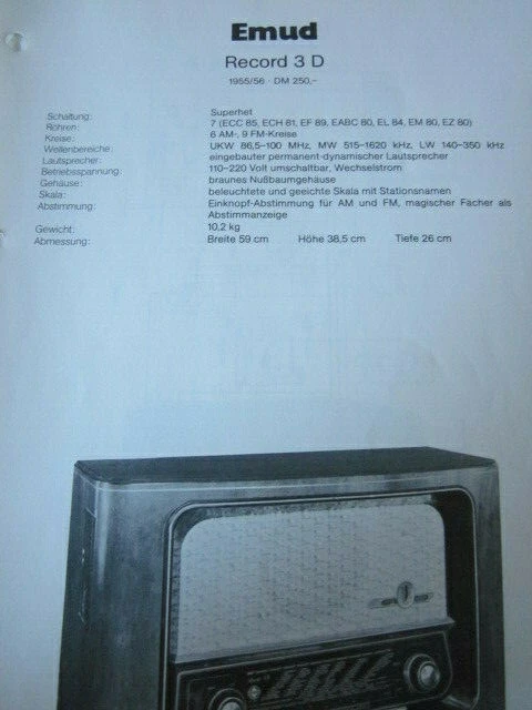 SCHALTPLAN RADIO EMUD Record 3D 1955/56 EUR 7,50 - PicClick DE