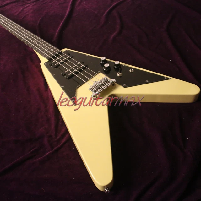 4STRING CREAM COLOR Flying V Electric Bass Guitar Open HH Pickup Black ...