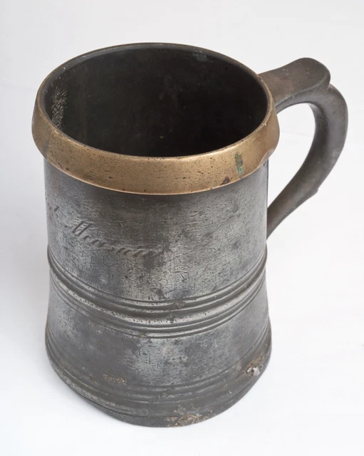 ANTIQUE VICTORIAN/EDWARDIAN BRASS Rimmed Pewter Quart Tankard Imperial ...