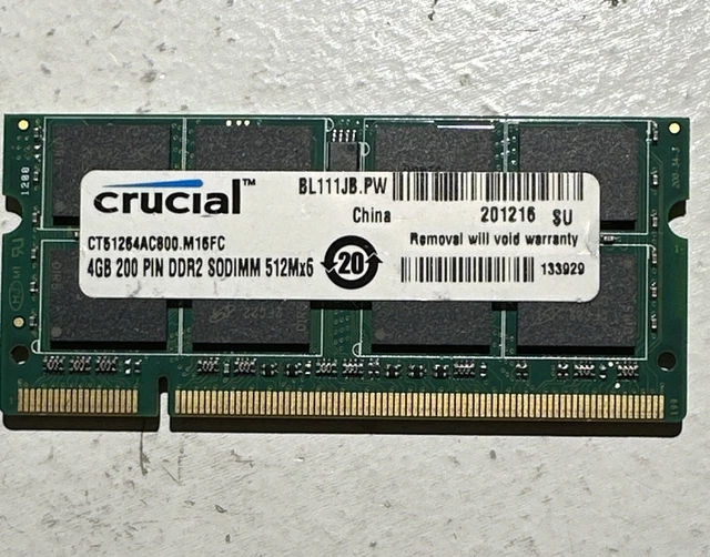 CRUCIAL 4GB PC2-6400S DDR2-800MHz SODIMM Laptop Ram Memory CT51264AC800 ...