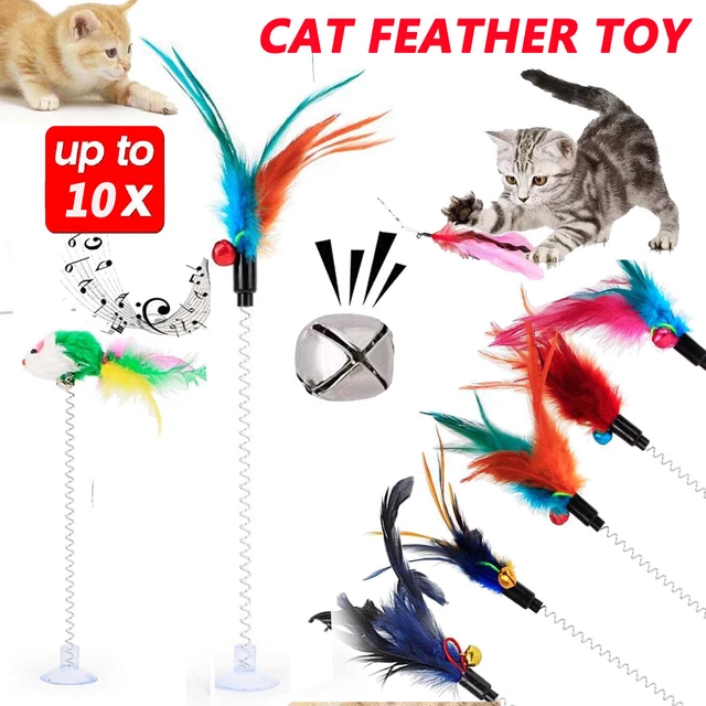 KITTEN CAT FEATHER Toy Bell Wand Teaser Rod Interactive Play Pet Mouse ...
