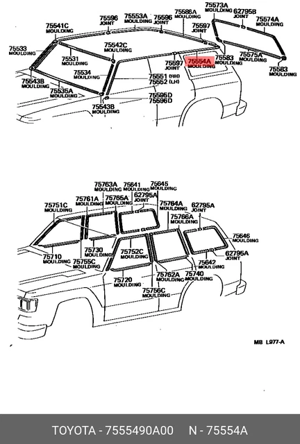OE MOULDING, ROOF drip side finish, rear left, 7555490A00 for TOYOTA ...