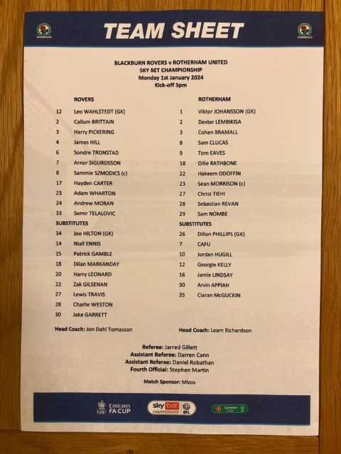 BLACKBURN ROVERS V Rotherham United 1 January 2024 Club Format A4 Team ...