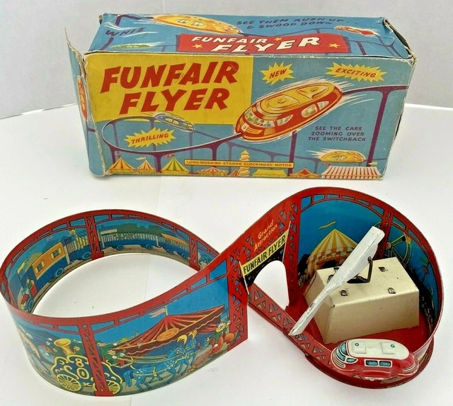VINTAGE WIND-UP TIN Toy FUNFAIR FLYER Roller Coaster Carnival Toy ...