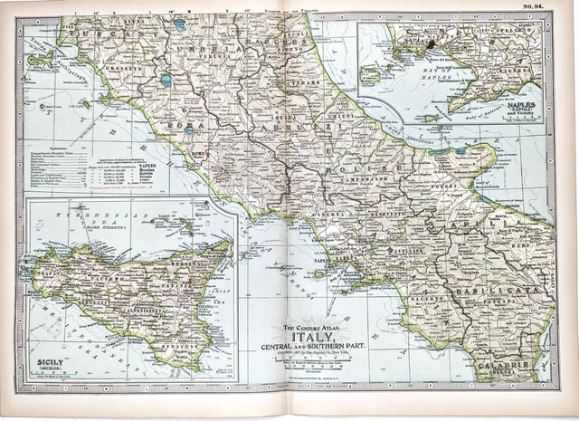 1899 CENTRAL ITALY Map ORIGINAL Foggia Tuscany Sicily Rome Naples ...