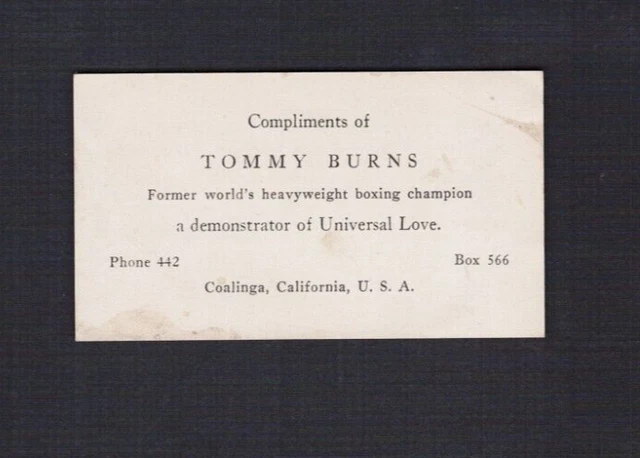 VERY RARE WORLD CHAMPION TOMMY BURNS boxing boxer business card Jack ...