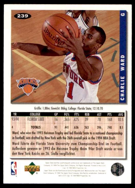 1994-95 CHOIX DU Collecteur Deck Supérieur Charlie Ward New York Knicks ...