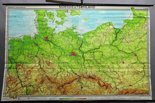 OLD PULL-DOWN WALL chart, geography, map, North Germany, physical view ...