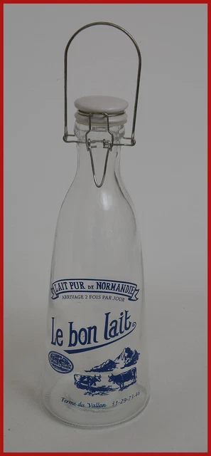 LE BON LAIT Pur De Normandie Vtg French Glass Milk Bottle/W Ceramic ...