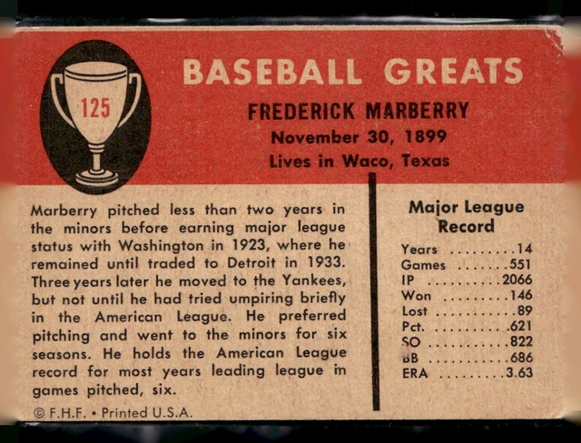 1961 FLEER BASEBALL Greats #125 Fred Marberry Detroit Tigers EUR 1,09 ...